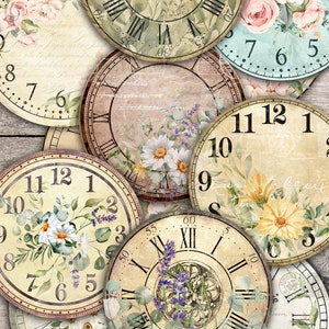 FLORAL CLOCK 8 Inch Circle Printable Clock Face Jpeg Clipart Vintage ...