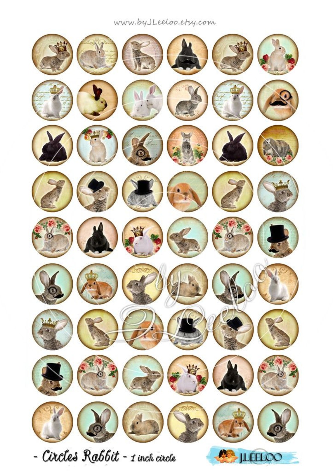 Digital Paper CIRCLES RABBIT 1 Inch Circle Mustache Monocle - Etsy