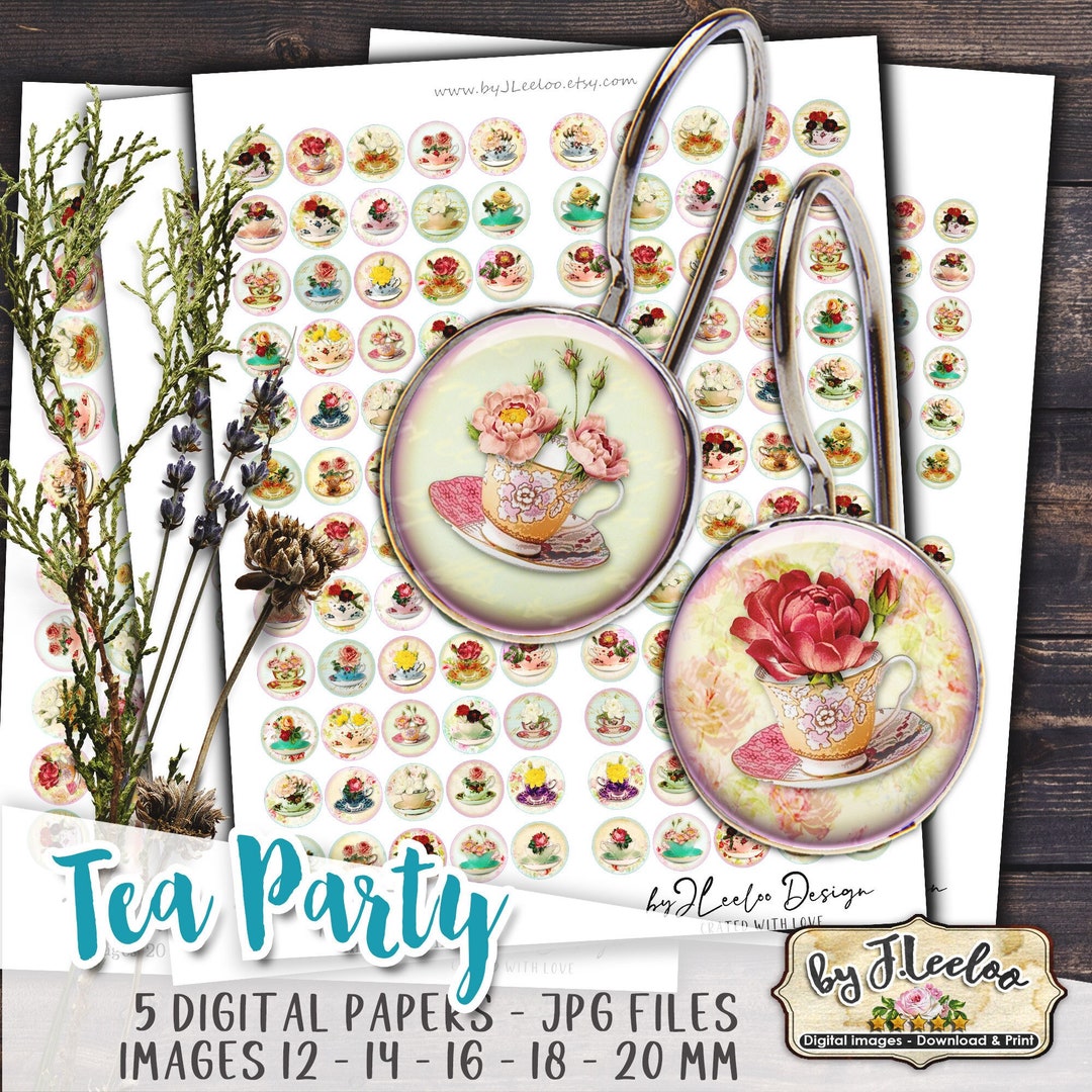 Digital Collage Sheet TEA PARTY 1 Inch Circle Drink Tea Cup Rose ...