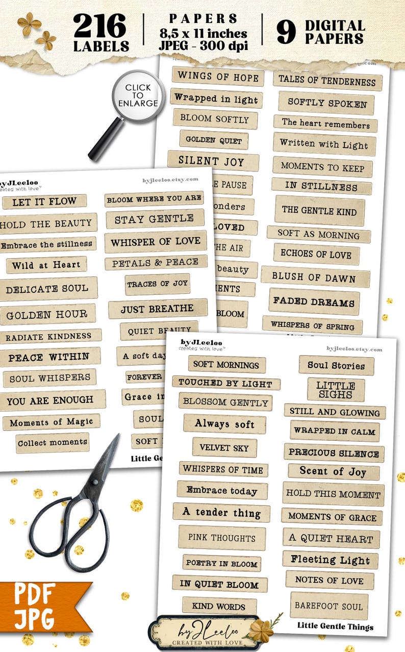 LITTLE GENTLE THINGS Text Labels | Vintage Phrases Words Ephemera for ...