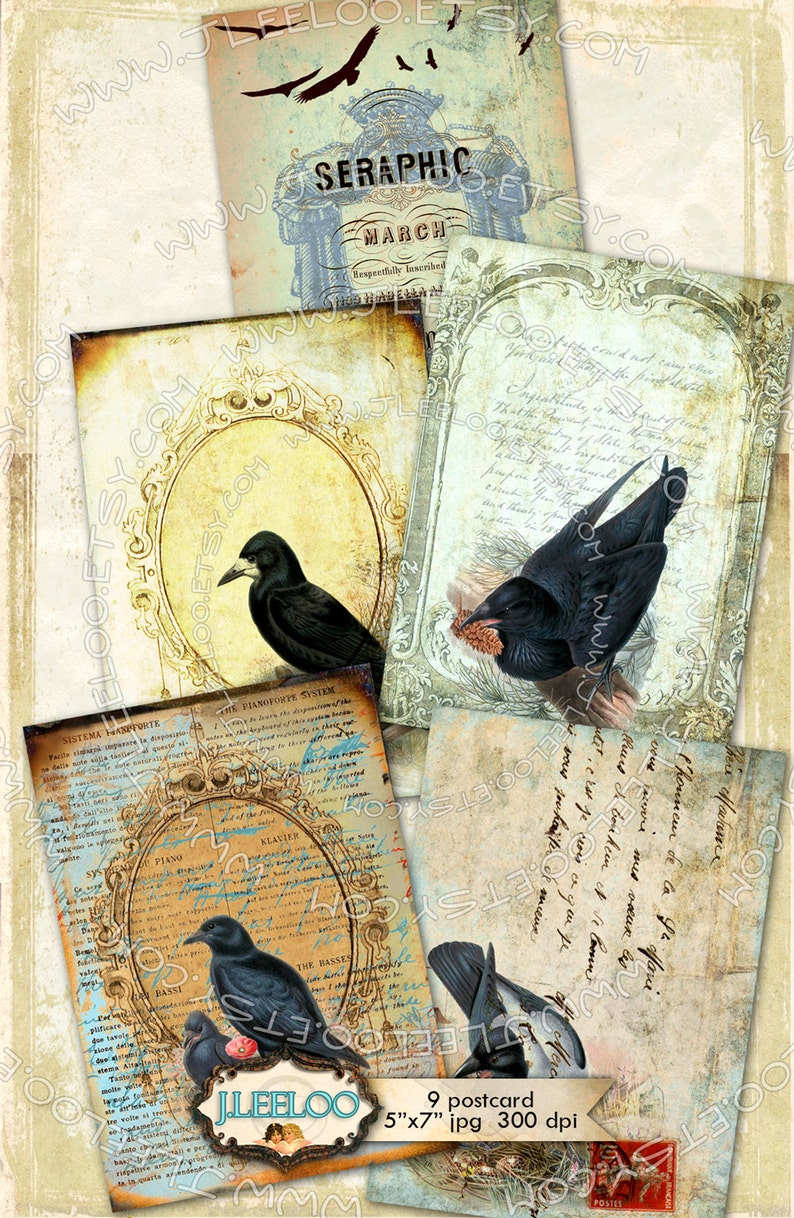 RAVEN POSTCARD 9 Background 5x7 Inch Digital Collage Sheet | Etsy