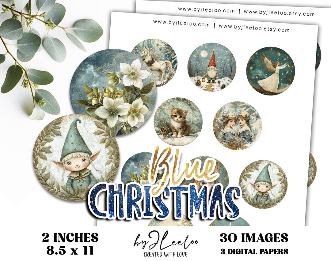 BLUE CHRISTMAS 2 Inch Printable Tags DIY Gift Labels Bottle Caps ...