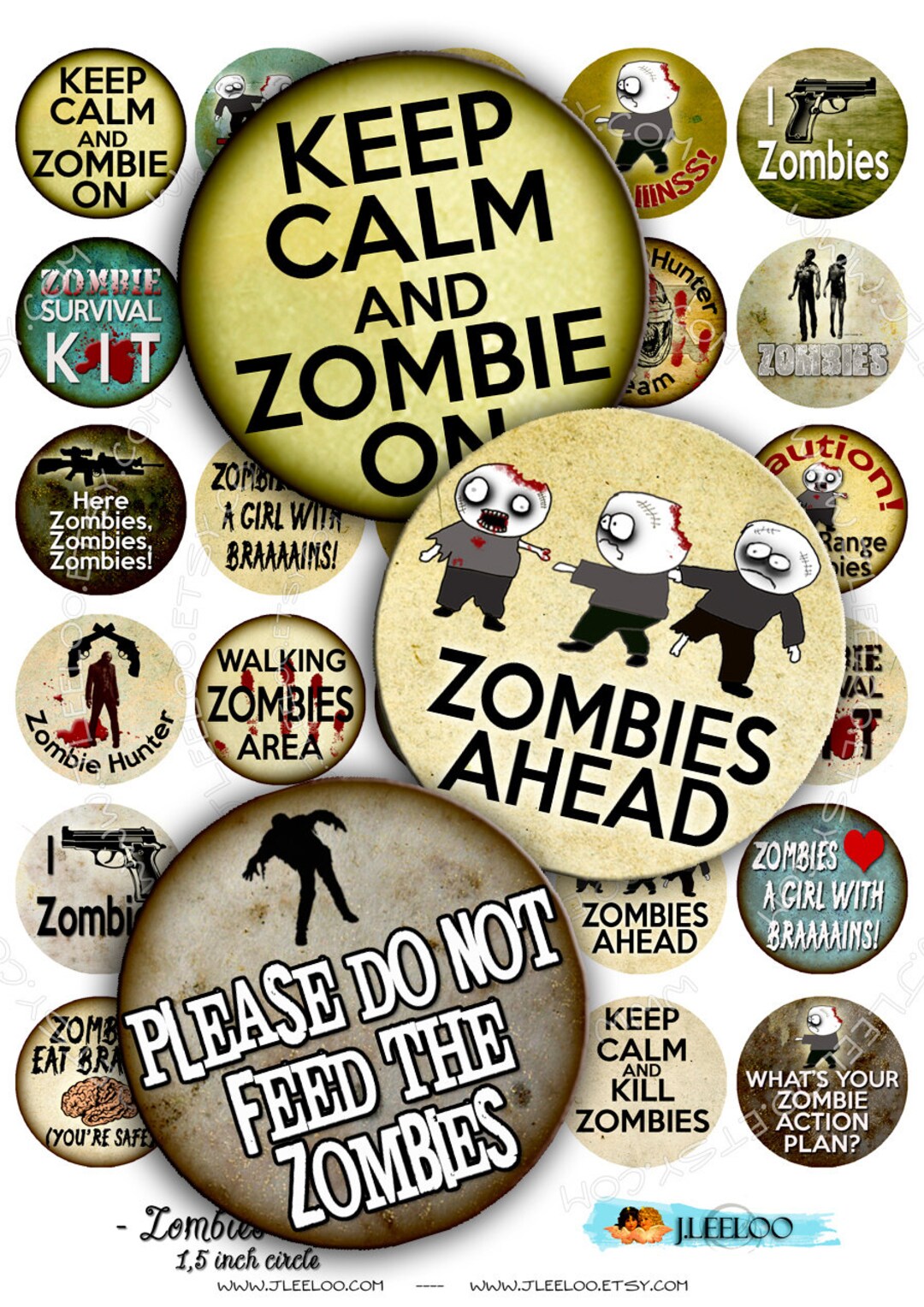 Digital Collage ZOMBIES 1.5 Inch Circle Apocalypse Scary Halloween ...