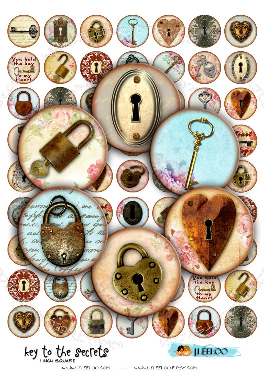Digital Collage KEY to the SECRET 1 Inch Circle Padlock Diary Romantic ...