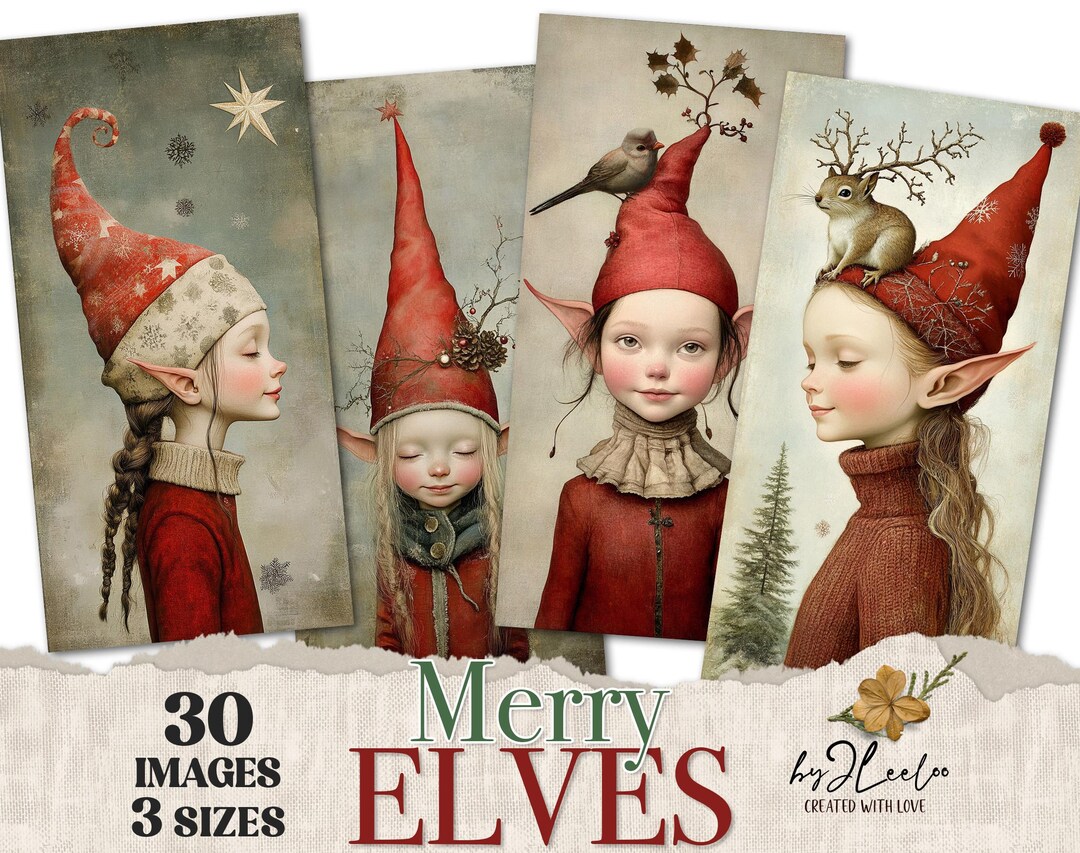 MERRY ELVES 30 Images 3 Sizes Christmas Cards | Junk Journal Printable ...