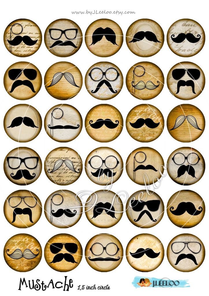 Digital collage MUSTACHE 1.5 inch circle digital images for | Etsy