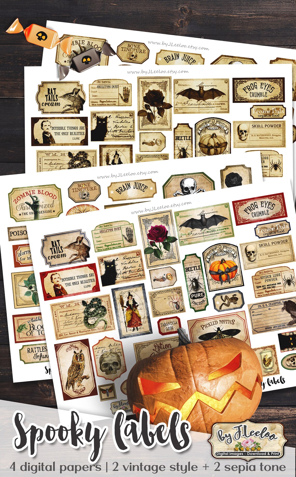 SPOOKY LABELS Vintage Kit Apothecary Witch Halloween Bottle Junk ...