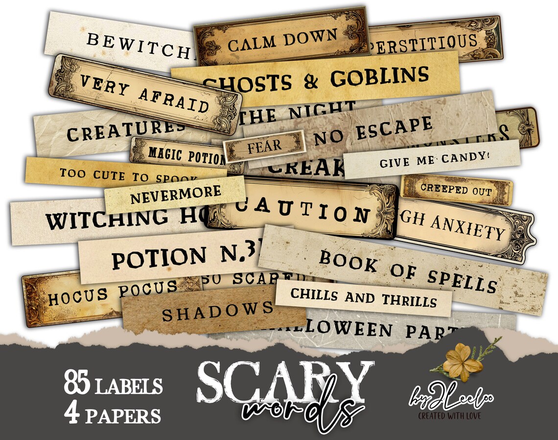 SCARY WORDS Labels Printable Halloween | Junk Journal Gothic Collection ...