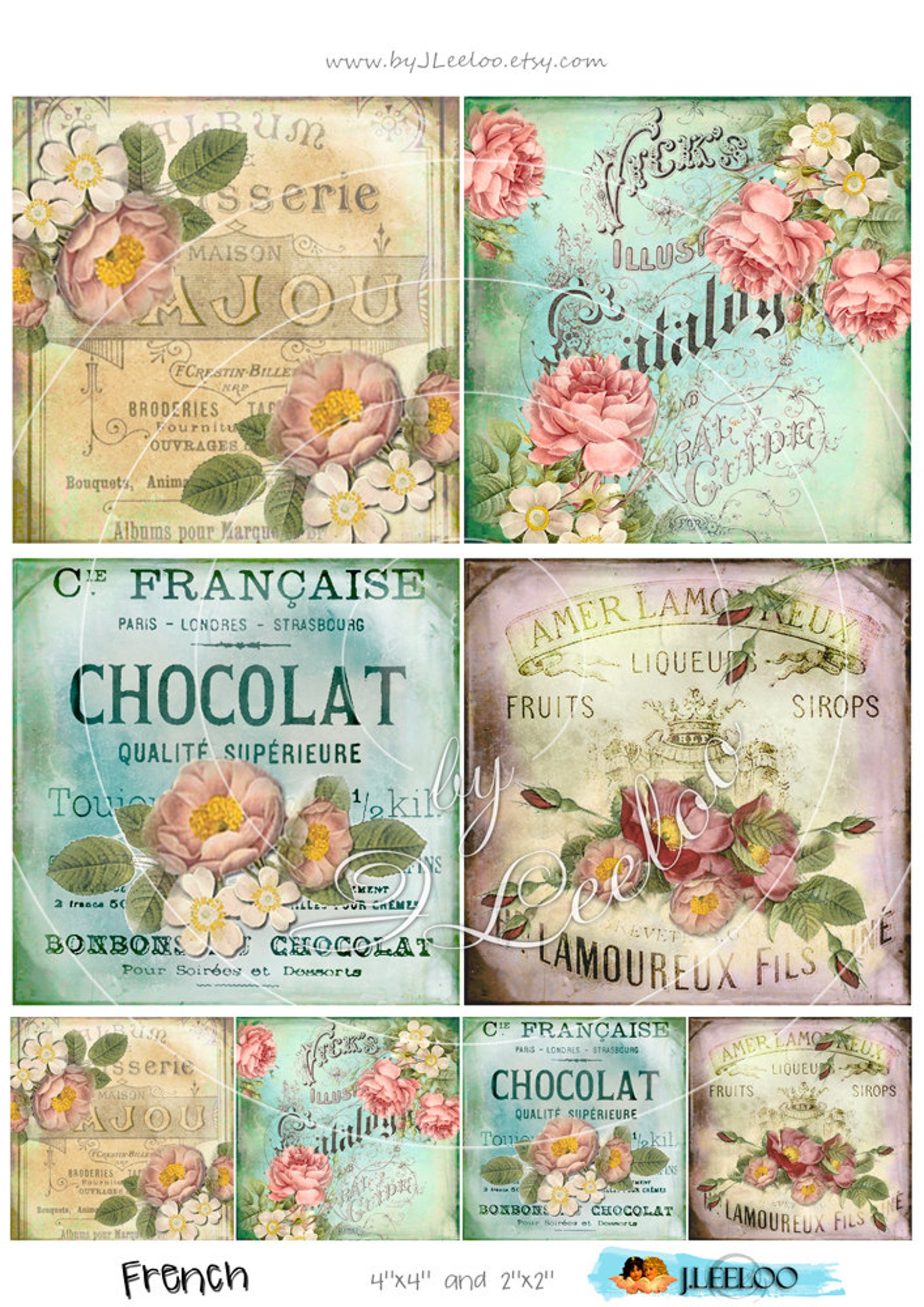 FRENCH Digital Paper 4x4 Inch 2x2 Inch Large Hang Tag Labels ...