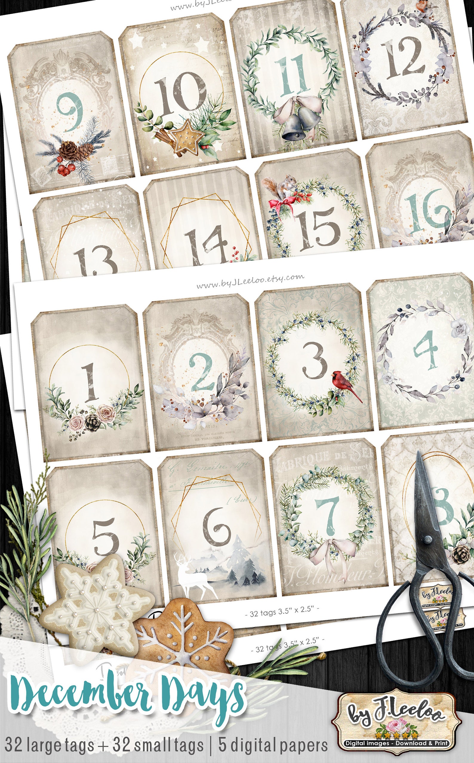 DECEMBER DAYS Tags Printable Vintage Christmas Calendar Daily - Etsy