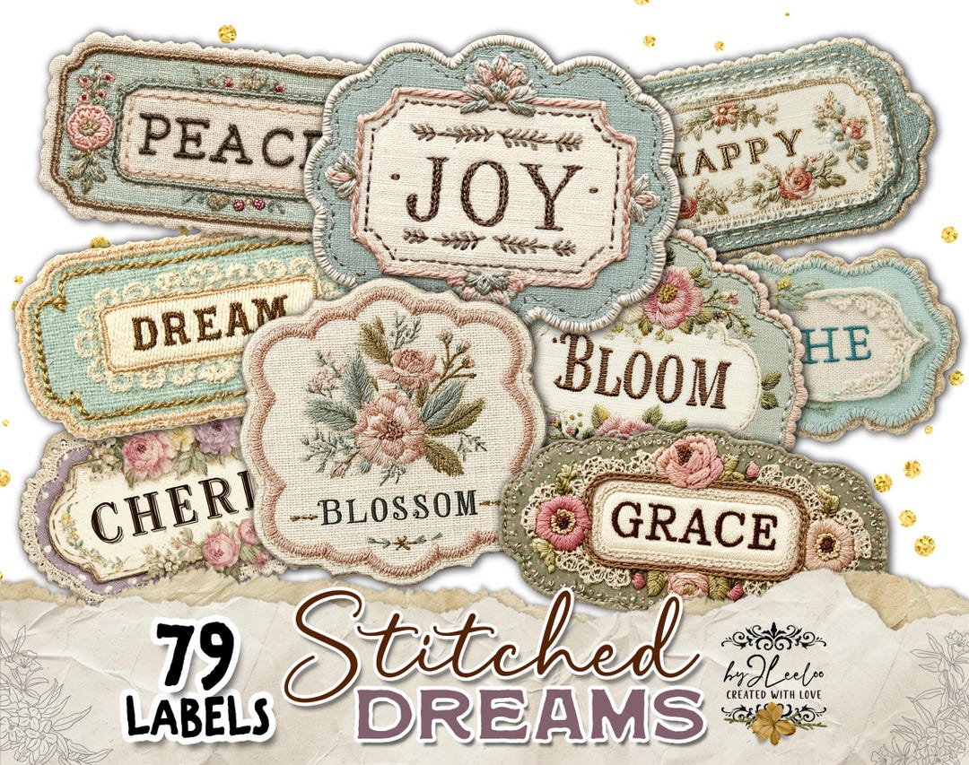 STITCHED DREAMS 79 Embroidered Label Pngs + 7 Digital Sheets | Romantic ...