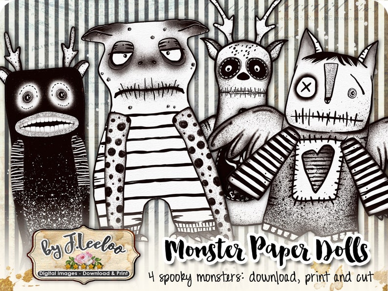 MONSTER PAPER DOLL Hand Drawn Scary to Color Digital Collage Sheet ...