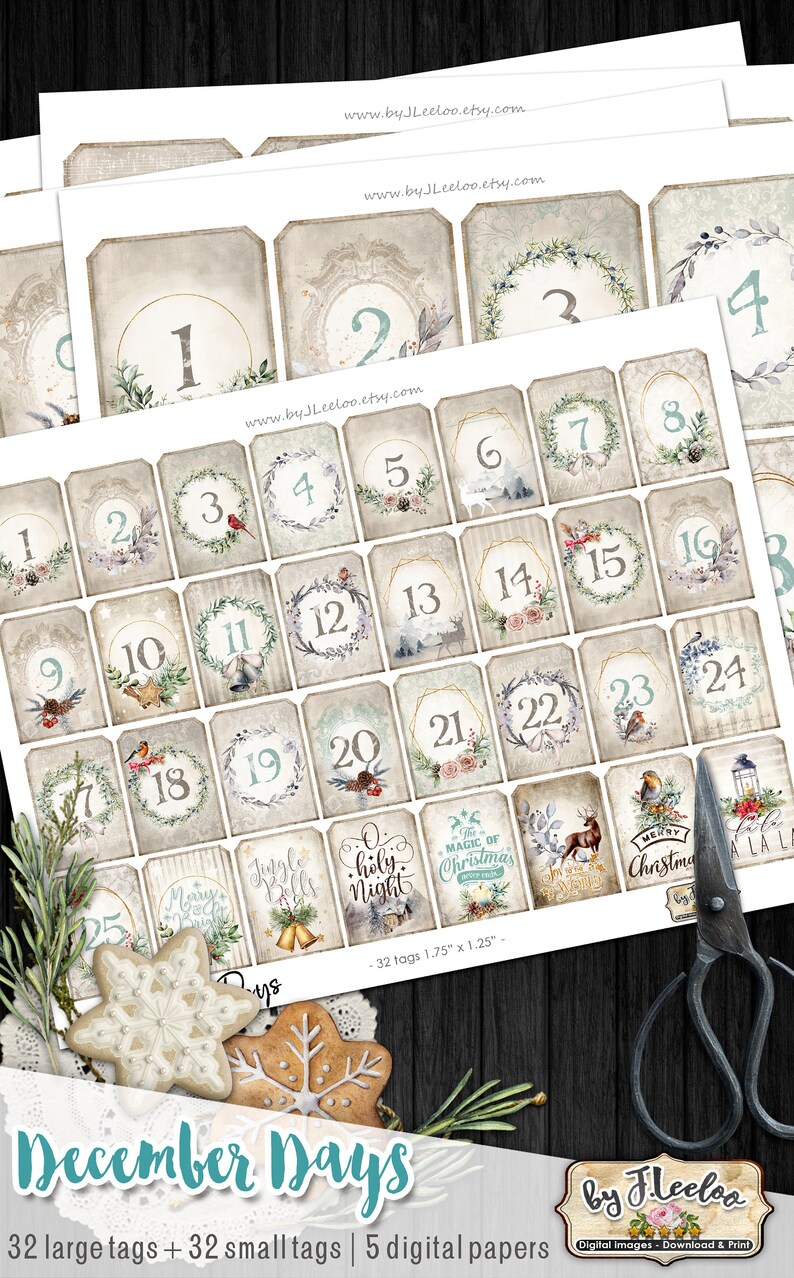 DECEMBER DAYS Tags Printable Vintage Christmas Calendar Daily Countdown ...