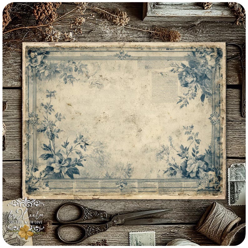 Dusty BLUE PAPERS Vintage Floral Grunge Pages & Half Pages, Printable ...