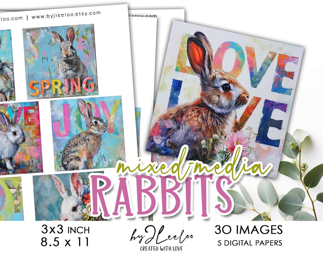 MIXED-MEDIA RABBITS 3x3 Inch Printable | Easter Stickers Supplies ...