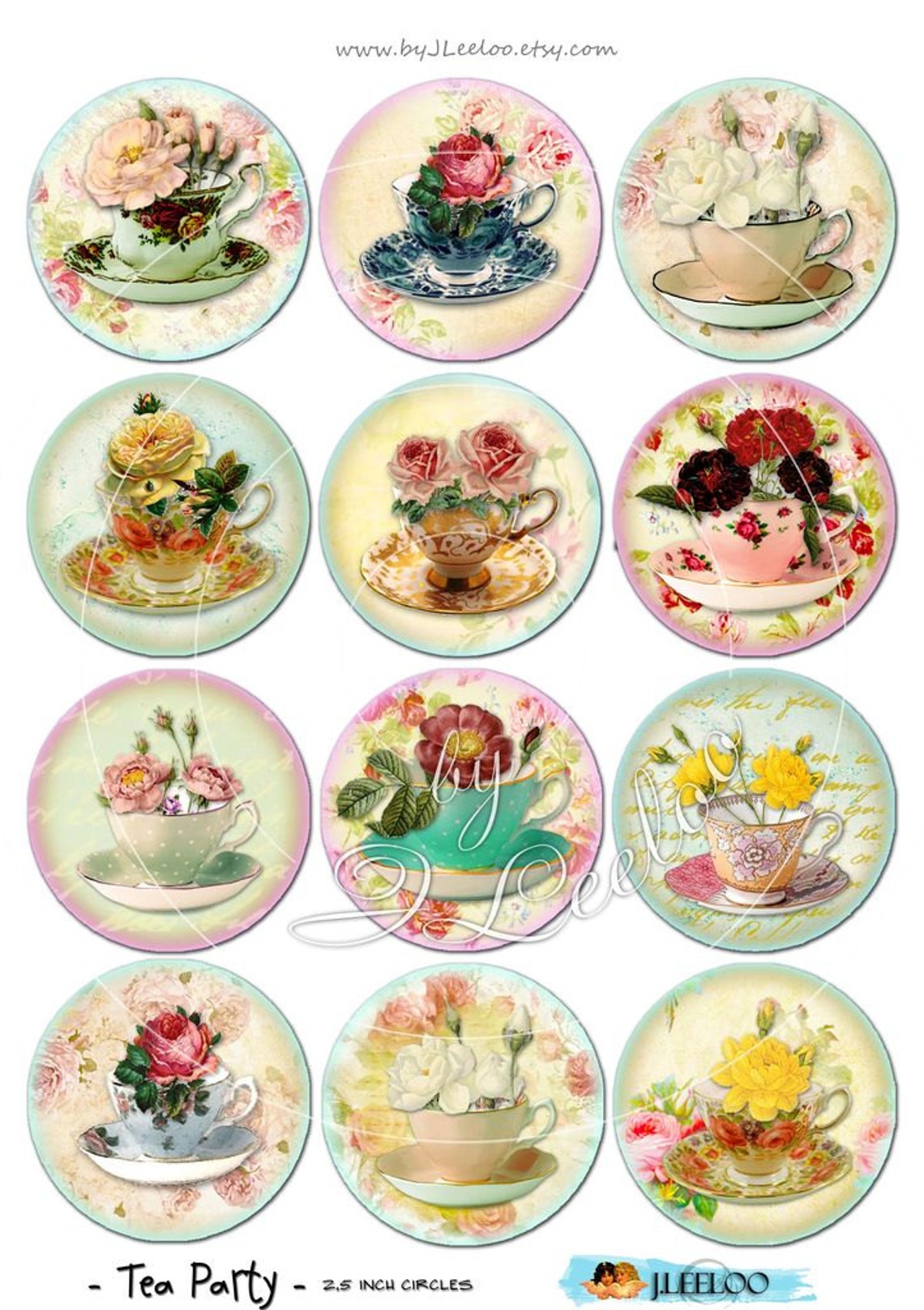 Digital Collages TEA PARTY 2.5 Inch Circle Tea Cup Sweet | Etsy