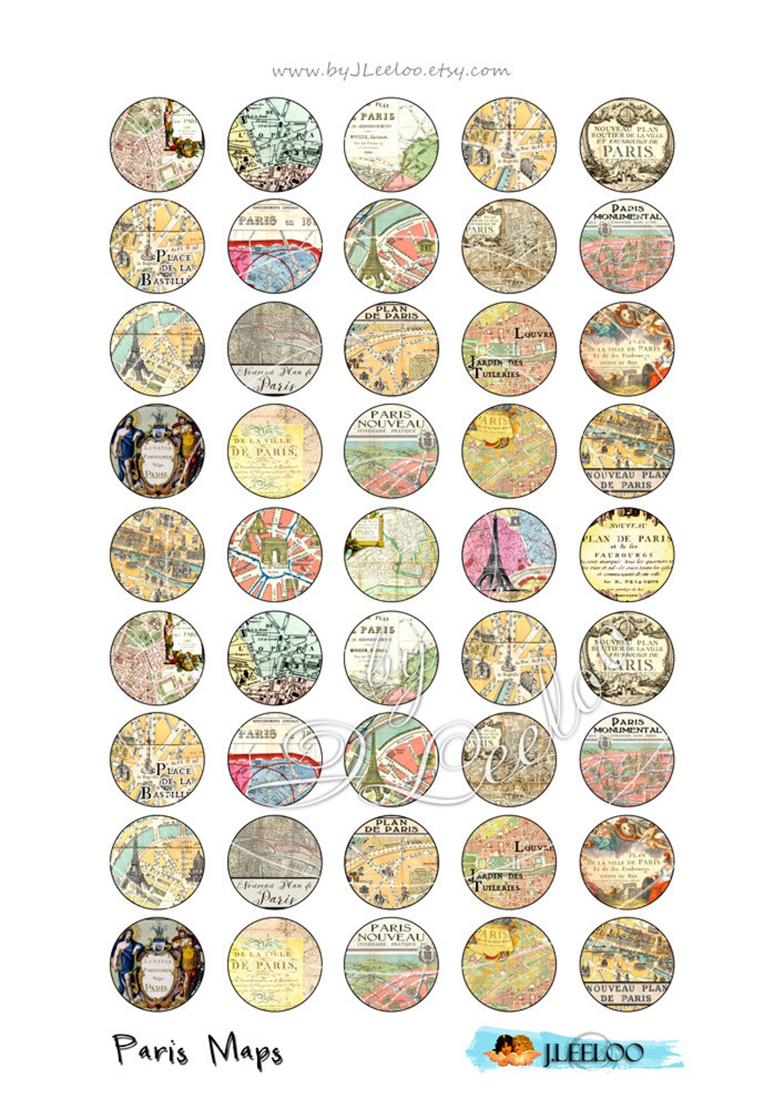 PARIS MAPS Printable Digital Collage 1 Inch Circle Paris | Etsy