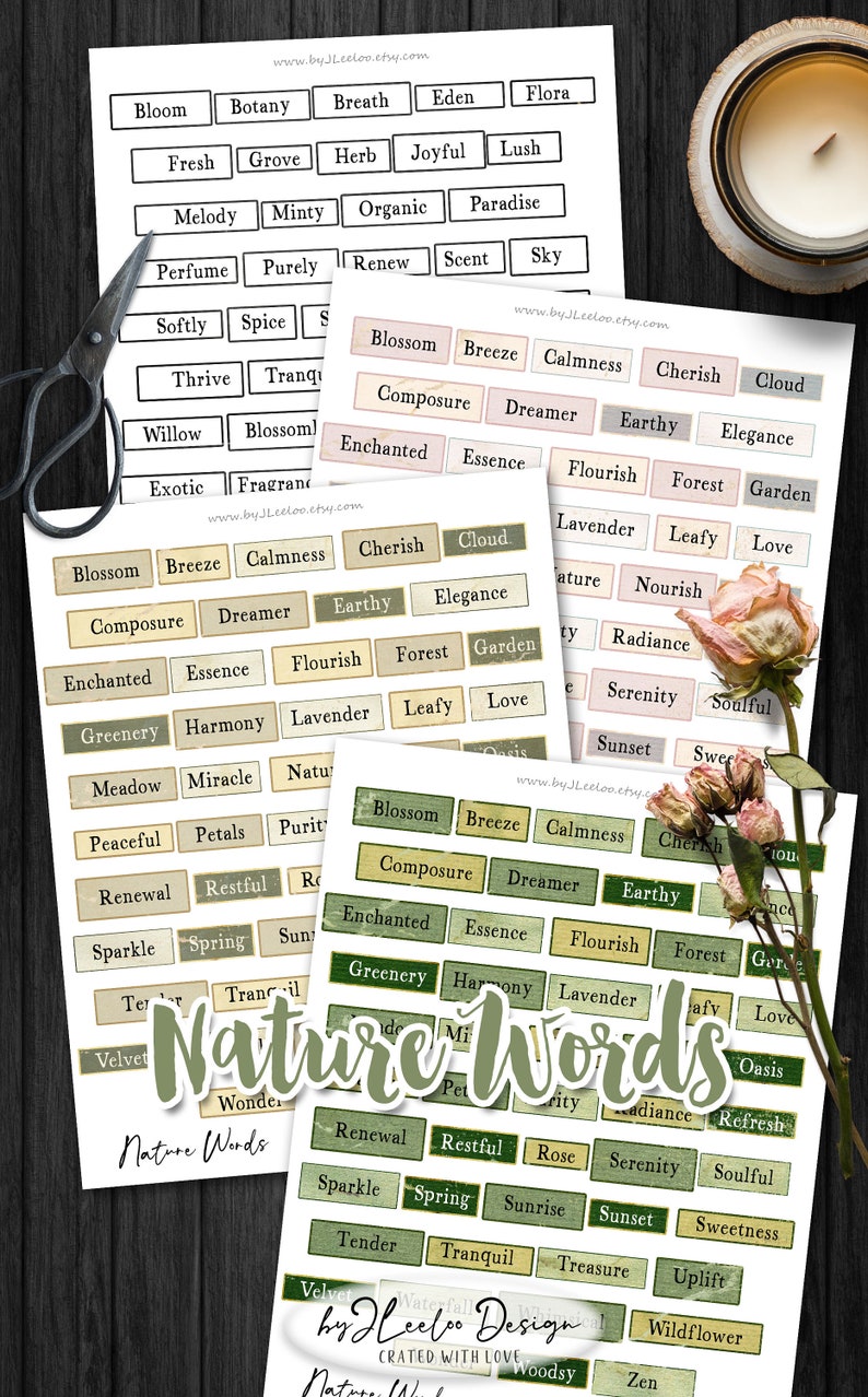 NATURE WORDS Labels Printable Positive Words | Vintage Ephemera Junk ...