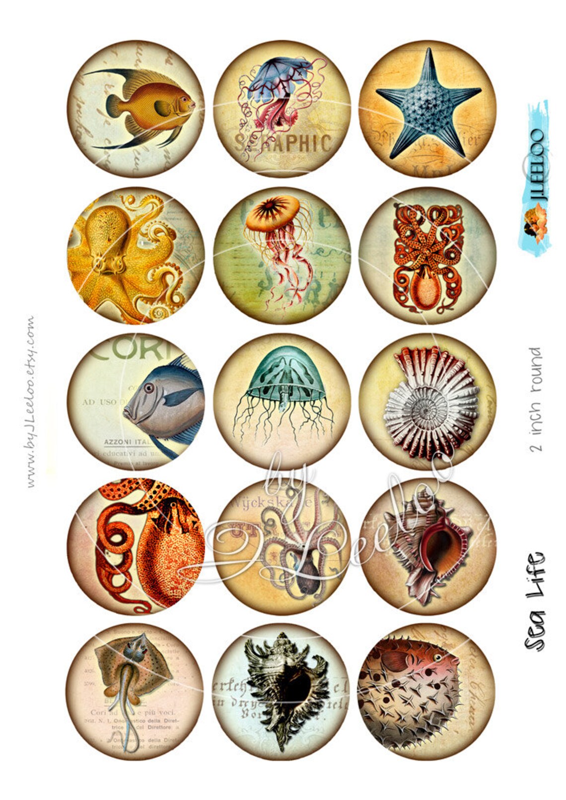 SEA LIFE Digital Collage Sheets 2 Inch Circle Octopus Jellyfish Fish ...