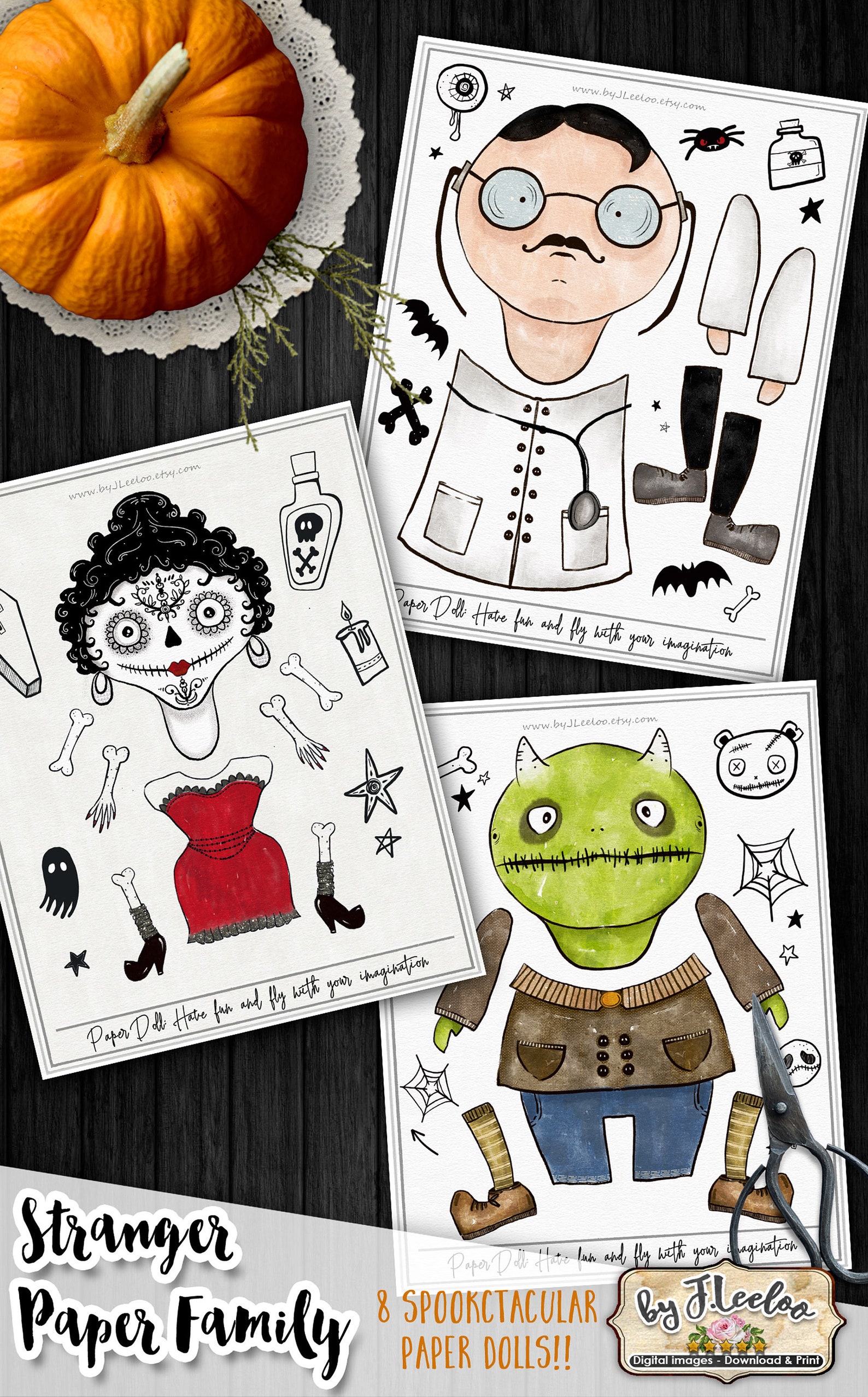 STRANGER PAPER FAMILY Halloween Paper Dolls Hand Drawn | Etsy