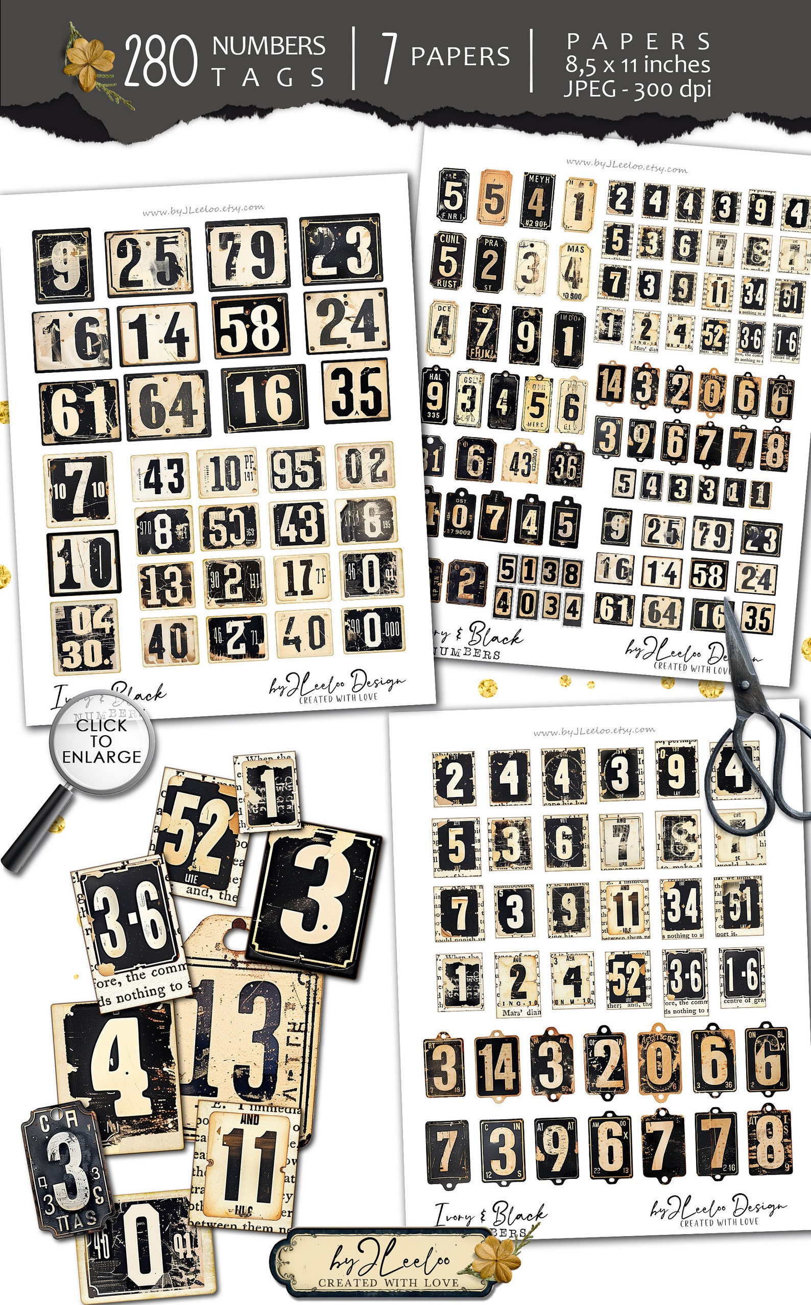 NUMBERS BLACK and IVORY Tag Printable Industrial Supplies | Vintage ...