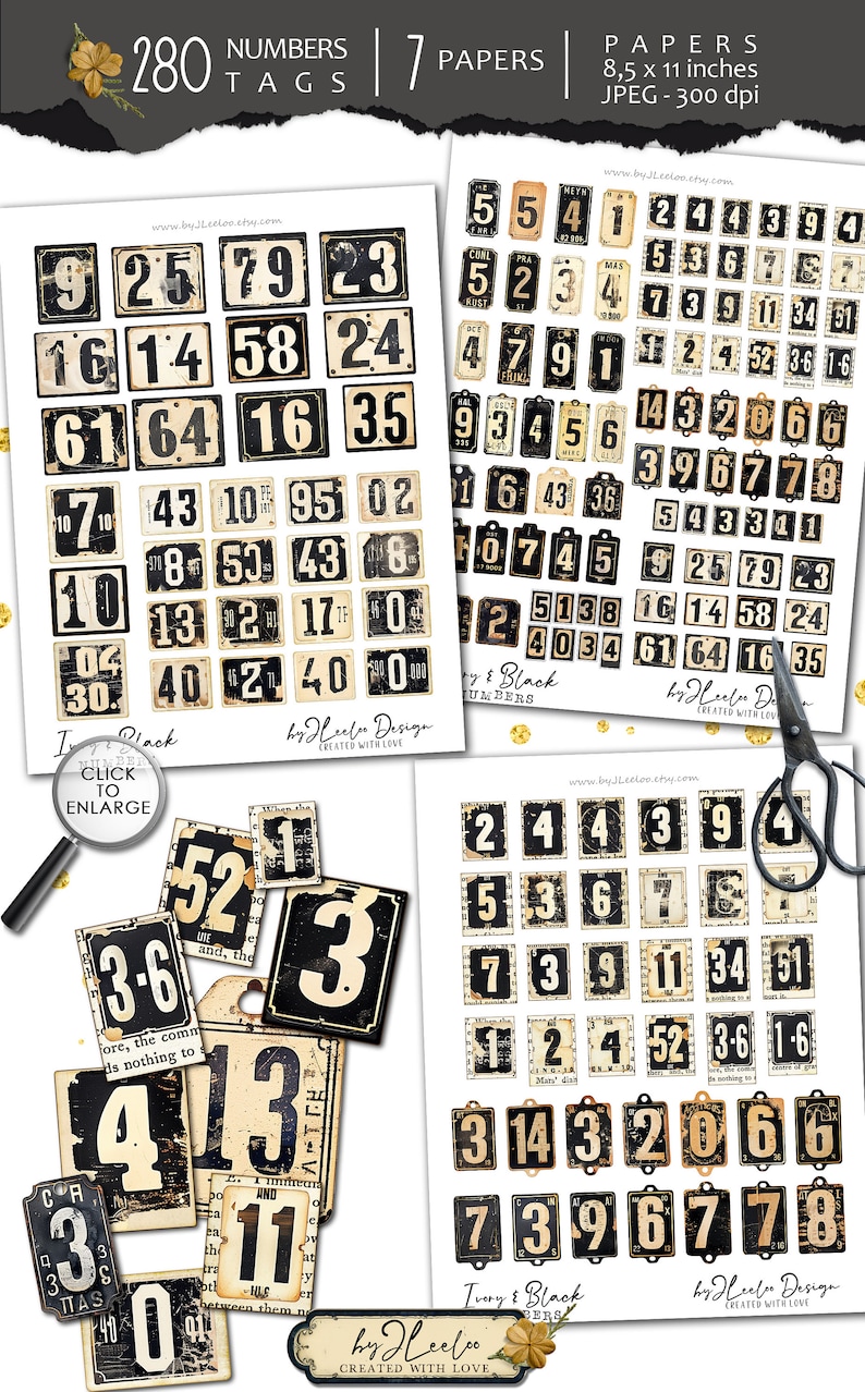 NUMBERS BLACK and IVORY Tag Printable Industrial Supplies | Vintage ...