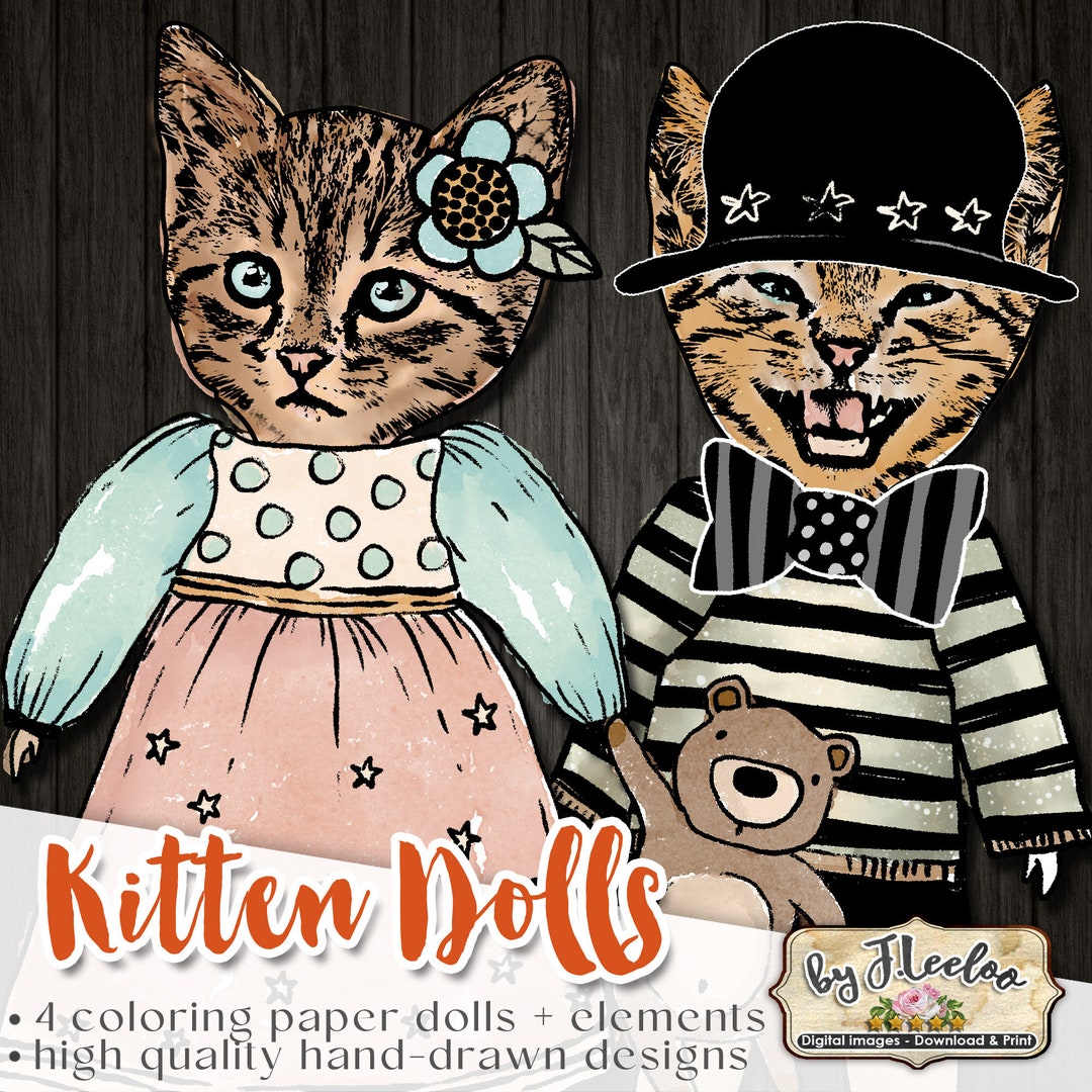 KITTEN PAPER DOLLS Coloring Articulated Altered Art Digital Collage ...