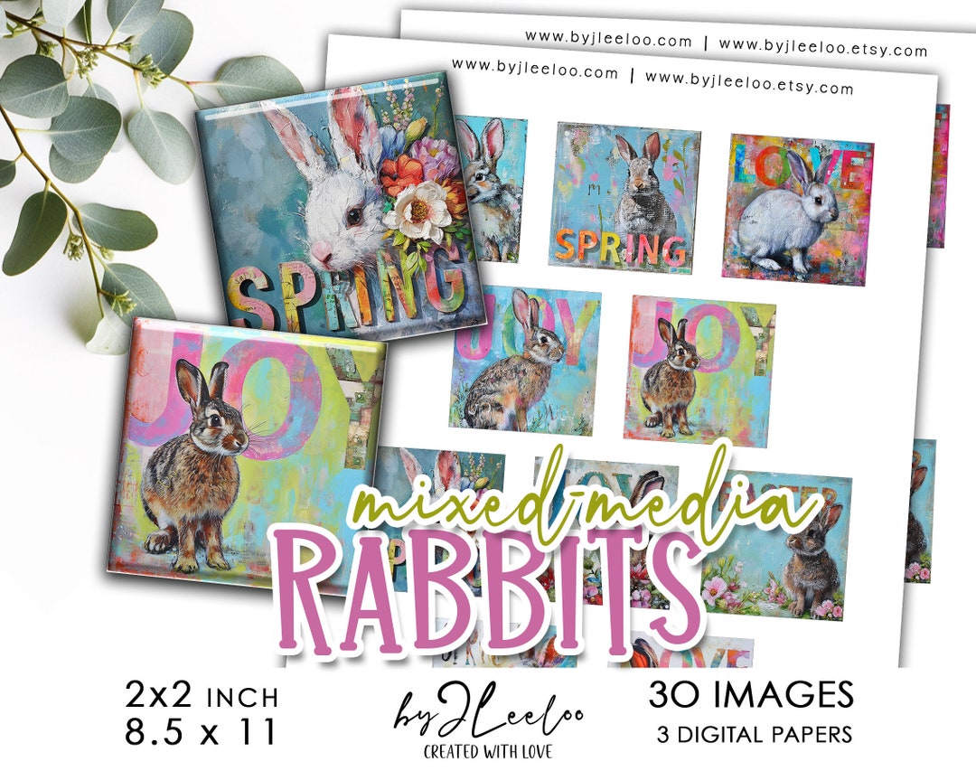 MIXED-MEDIA RABBITS 2x2 Inch Printable | Supplies Square Pendants ...