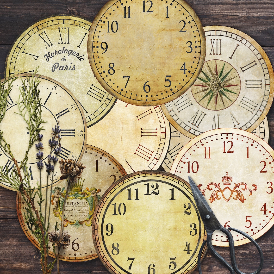 VINTAGE CLOCK 4 Inch Circle Printable Clock Faces Grunge Dirty Antique ...