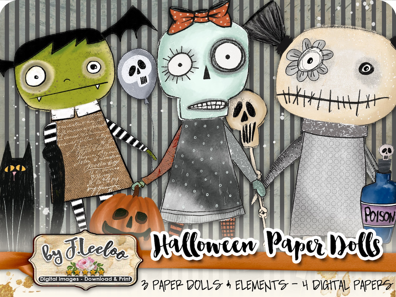PAPER DOLL HALLOWEEN Hand Drawn Scary Digital Altered Art Digital ...