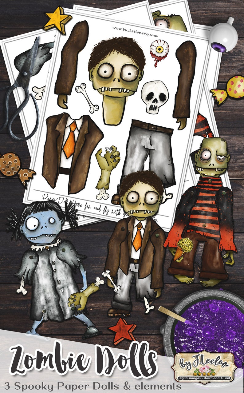 ZOMBIE DOLLS Halloween Hand Drawn Paper Doll Scary Digital - Etsy