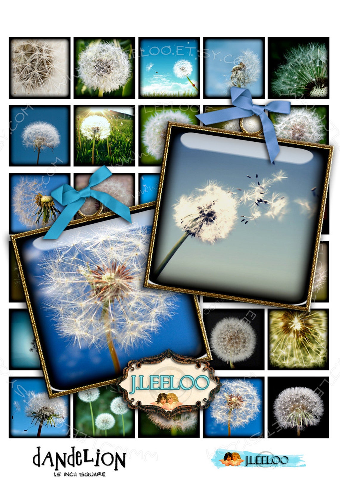Digital Collage DANDELION 1.5 Inch Square Romantic Dandelion | Etsy