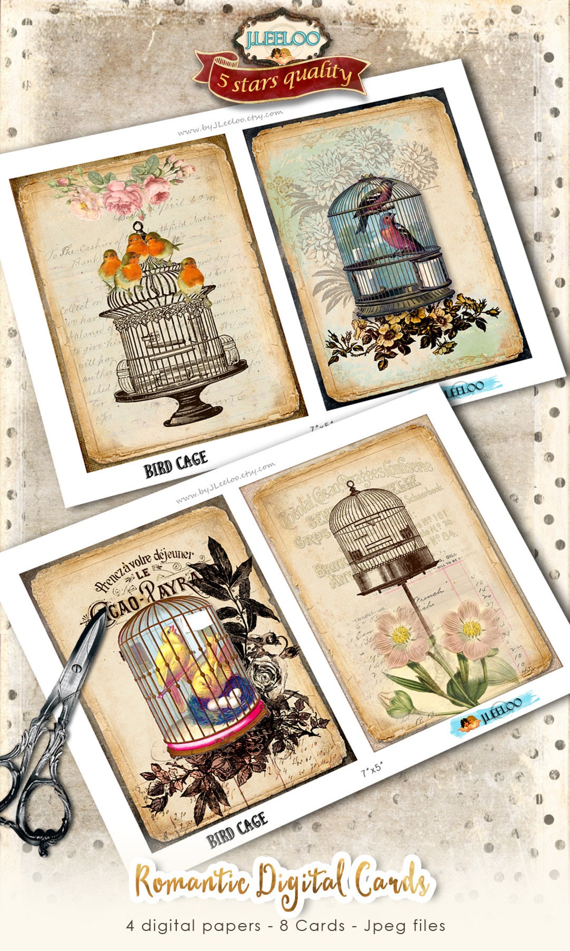 BIRD CAGE Cards 5x7 Inch Victorian Vintage Digital Collage - Etsy