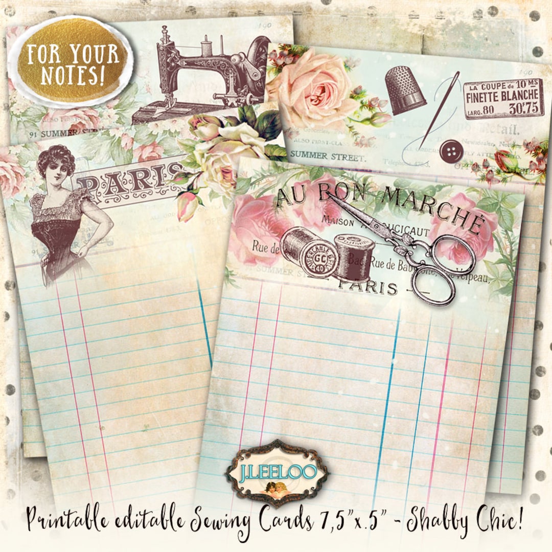 SEWING CARDS Editable Writable Writing Note Shabby Chic Digital Graphic ...