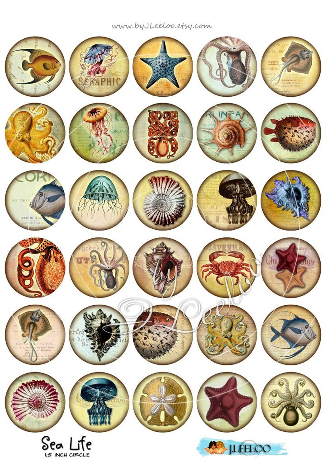 Digital Collage Sheet SEA LIFE 1.5 Inch Circle Octopus Jellyfish Fish ...