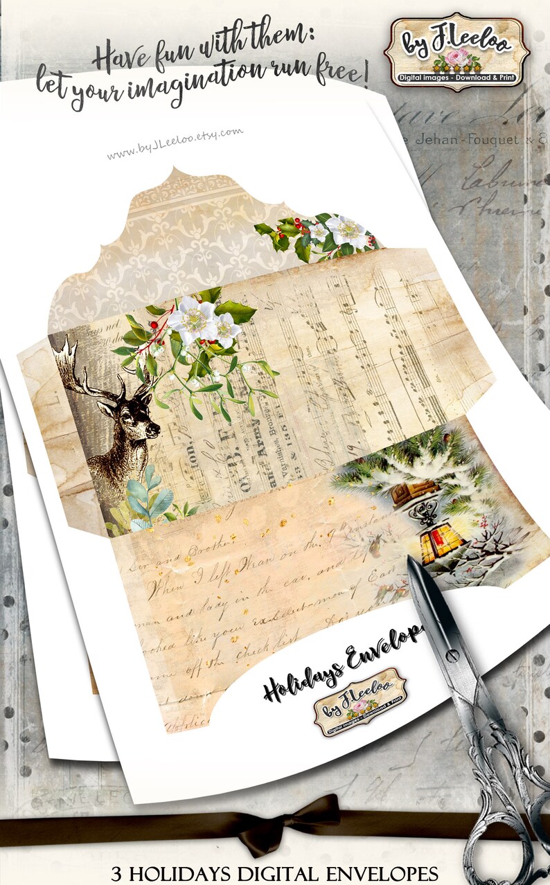 HOLIDAYS ENVELOPES Invitation Christmas Cards Shabby Digital Collage ...