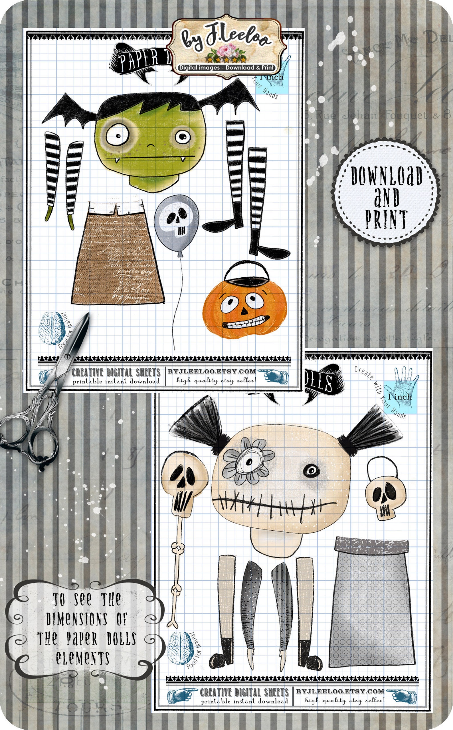 PAPER DOLL HALLOWEEN Hand Drawn Scary Digital Altered Art Digital ...
