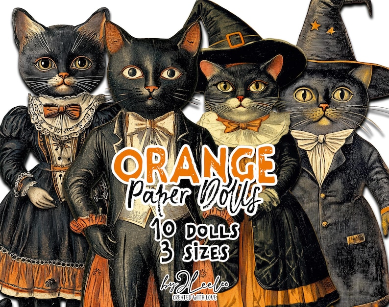 Orange PAPER DOLLS | Halloween Cat Paper Doll Printable, Vintage ...