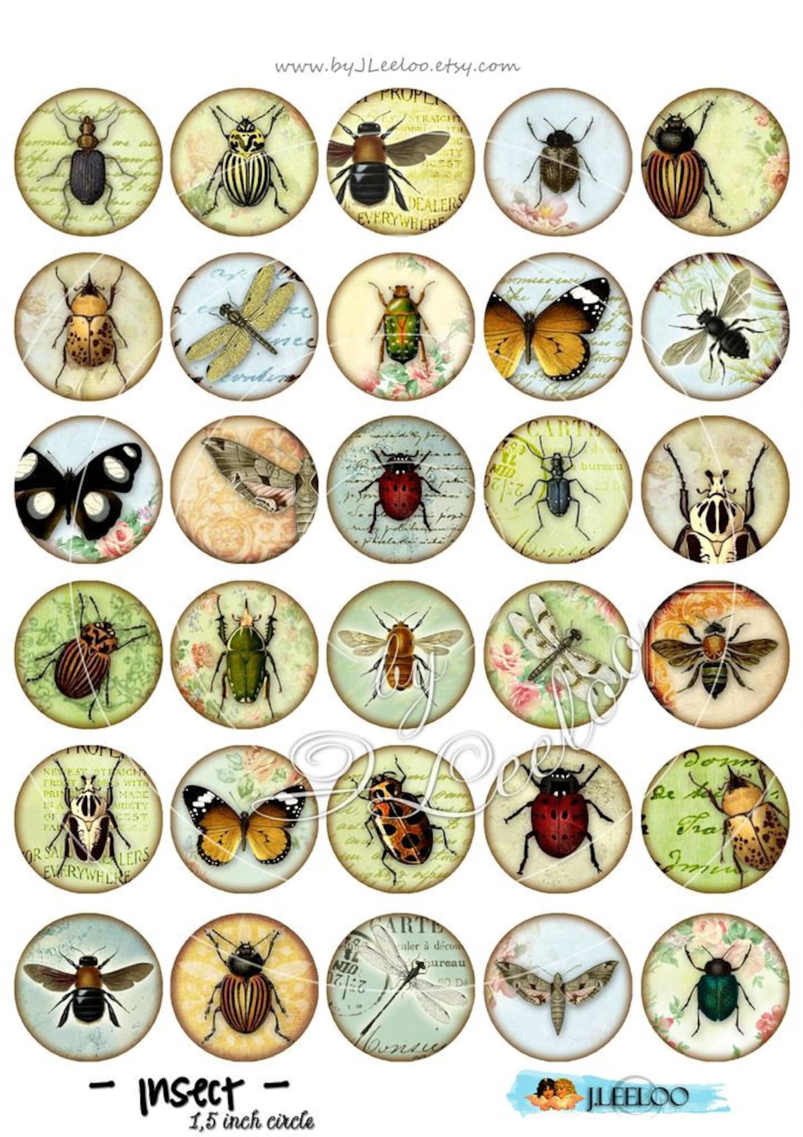 Digital Paper INSECT 1.5 Inch Circle Butterfly Ladybug - Etsy