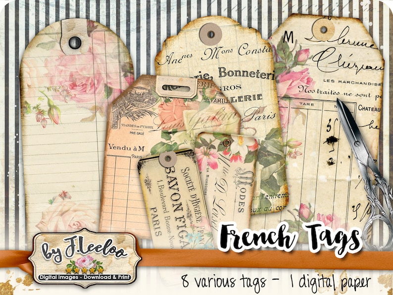 FRENCH TAGS Digital Shabby Chic Jewelry Holder Roses French Paper Goods ...