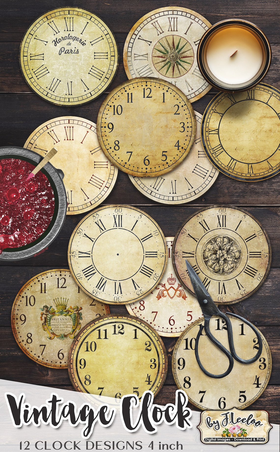 VINTAGE CLOCK 4 Inch Circle Printable Clock Faces Grunge Dirty Antique ...