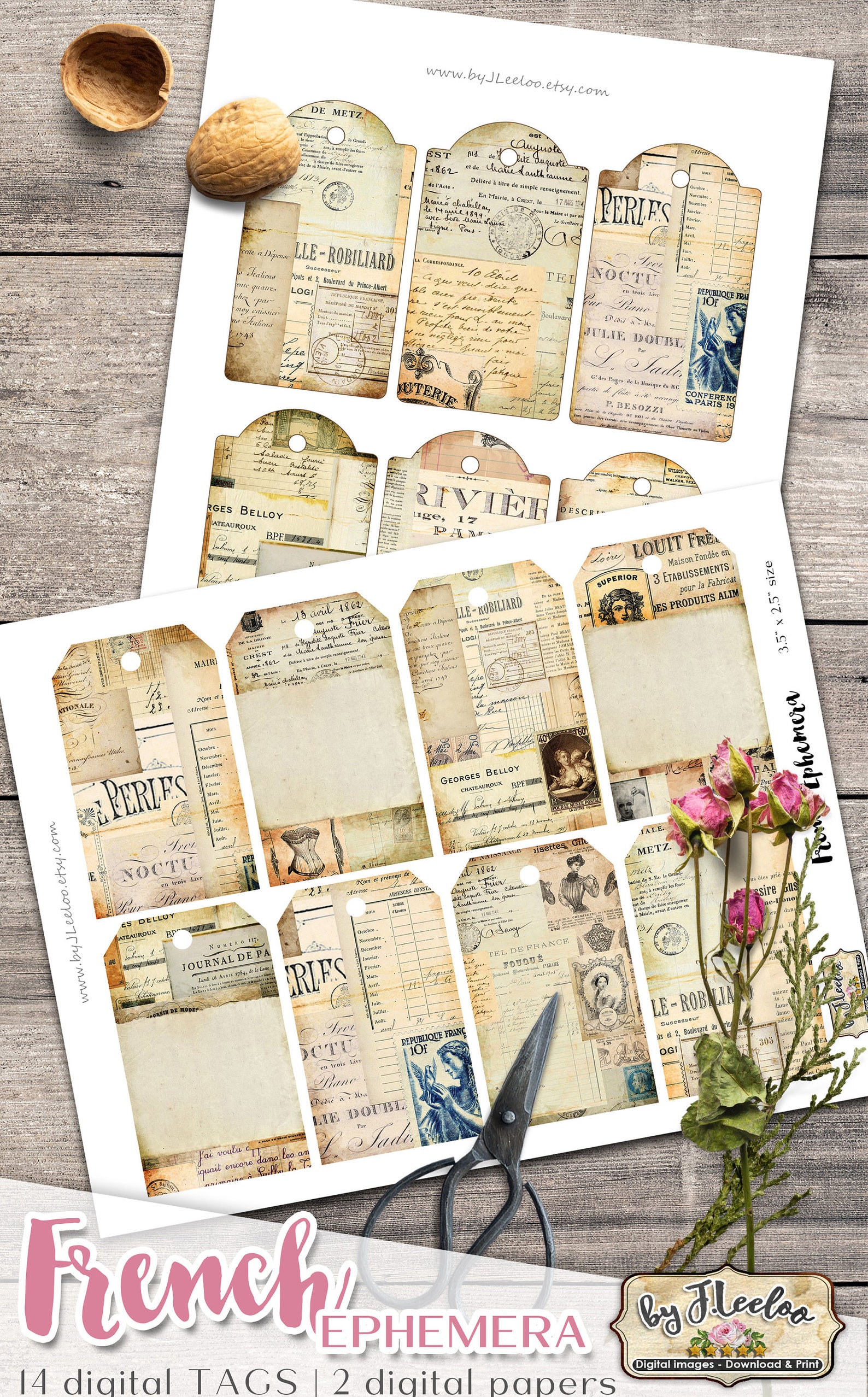 FRENCH EPHEMERA Tags Label Vintage Grunge Journal - Printable Postcard ...