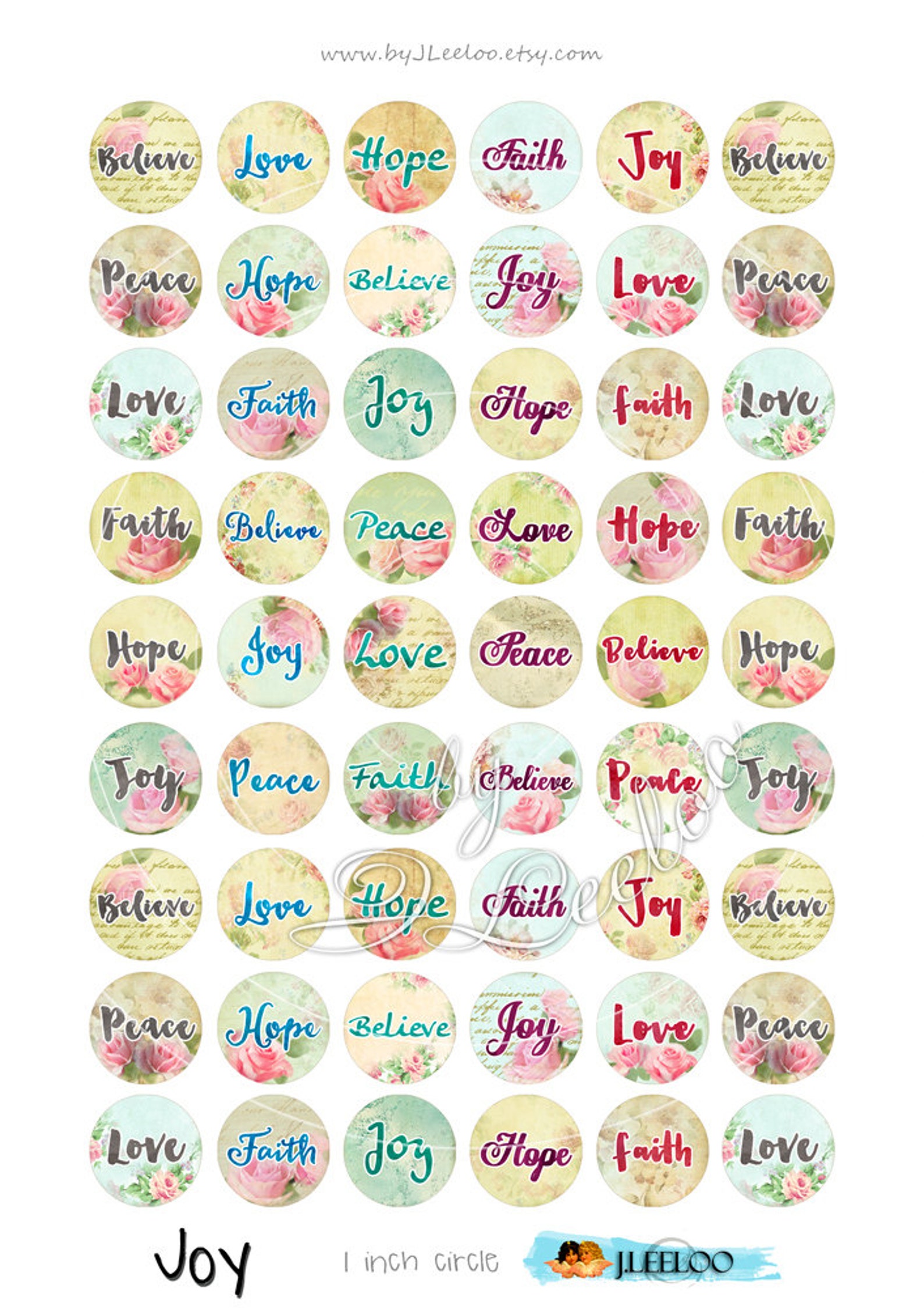 JOY 1 Inch Circle Faith Believe Peace Love Romantic Roses Digital ...