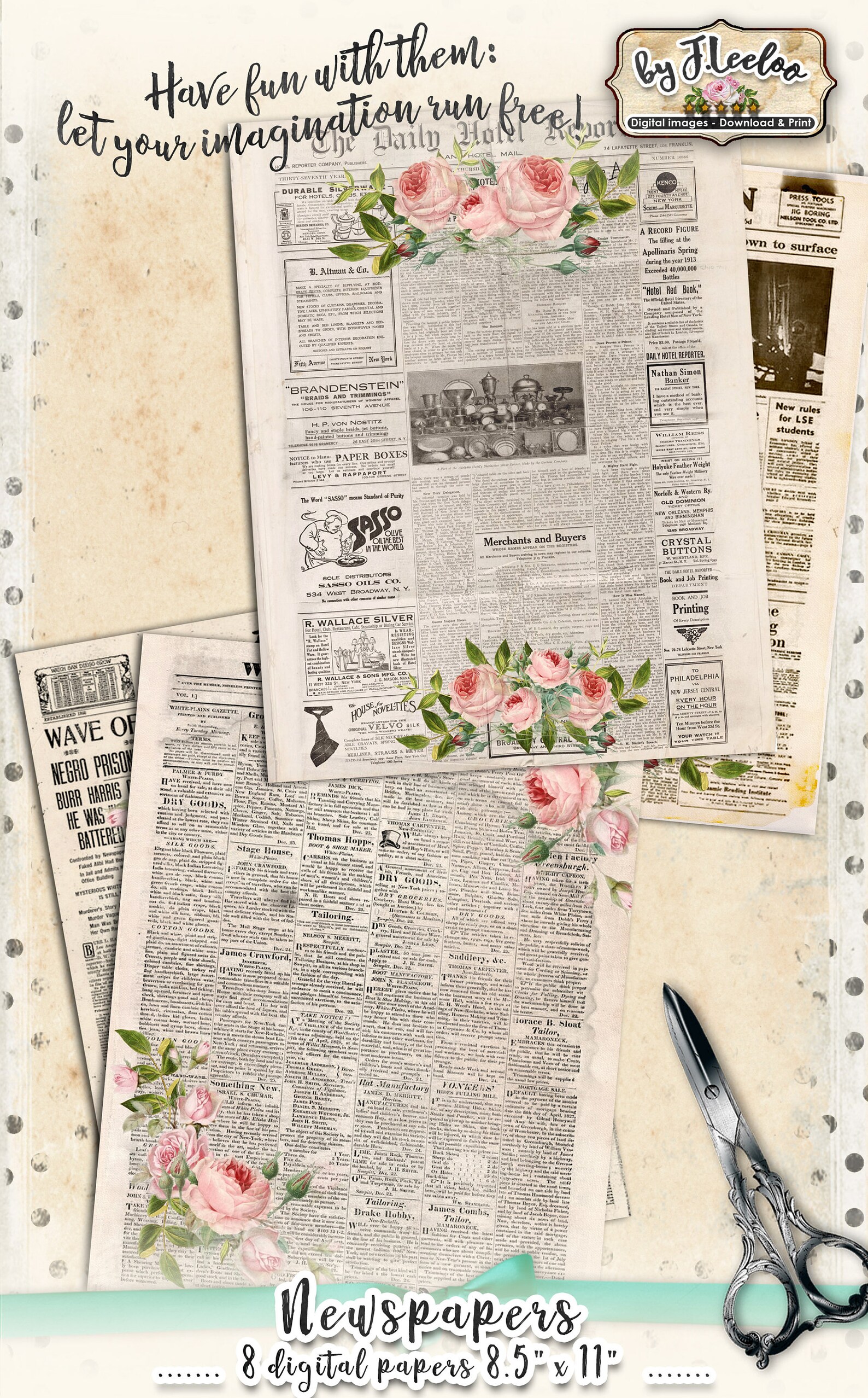 NEWSPAPERS 8 Vintage Digital Papers Junk Ephemera Journal Journaling ...