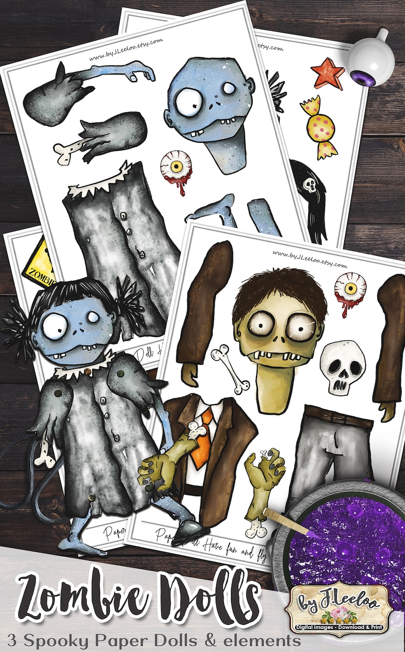 ZOMBIE DOLLS Halloween Hand Drawn Paper Doll Scary Digital Altered Art ...