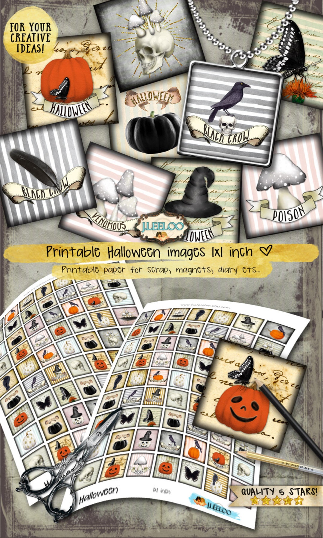 HALLOWEEN 1x1 Inch Square Printable Images for Glass or Resin Pendants ...