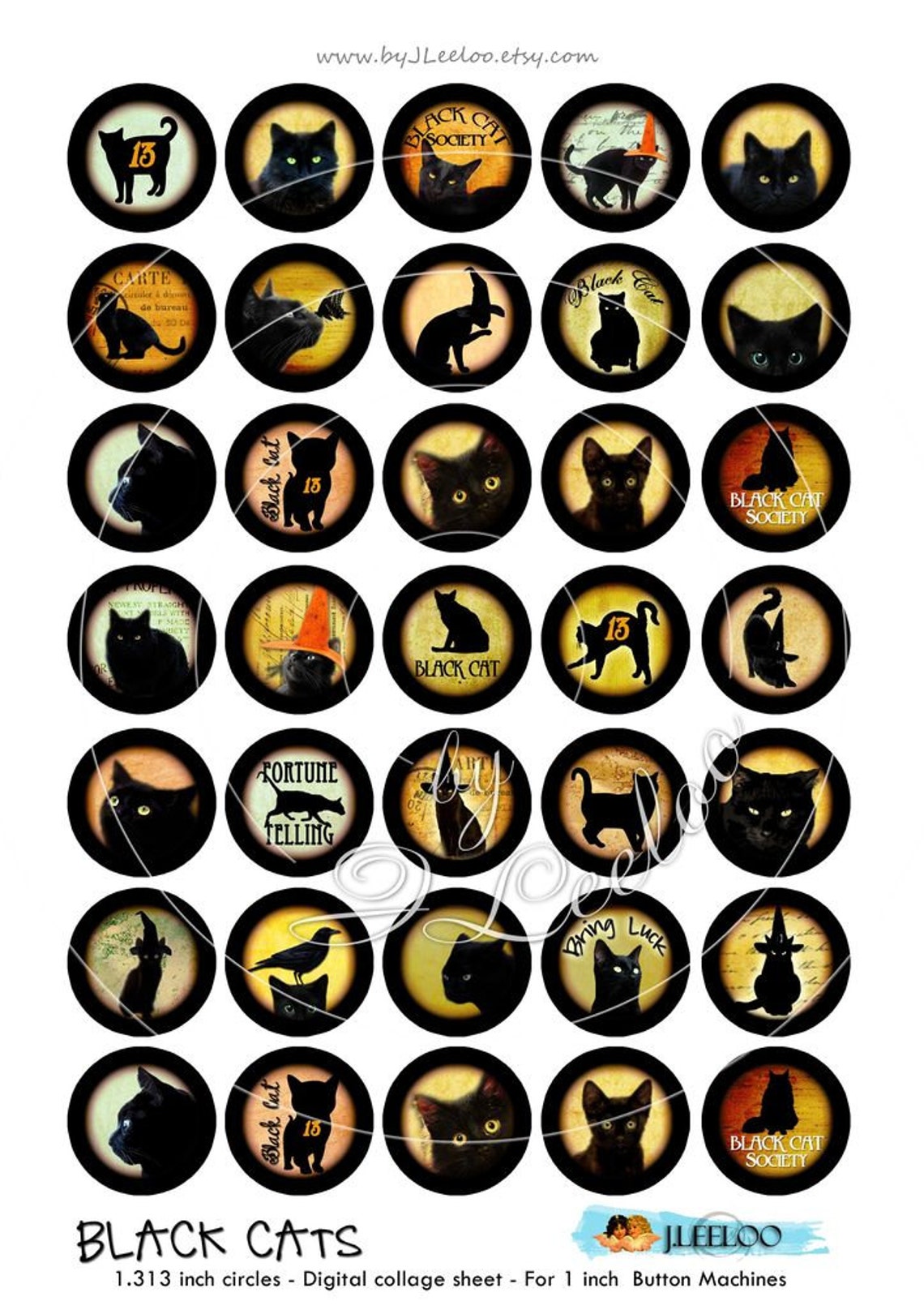 Digital Printable BLACK CATS 1.313 Inch Button Machine Pet Black Quote ...