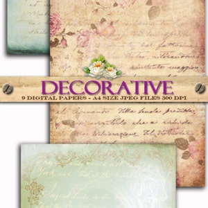 DECORATIVE 9 Large Handwriting Patterned Paper Digital Collage Sheets ...