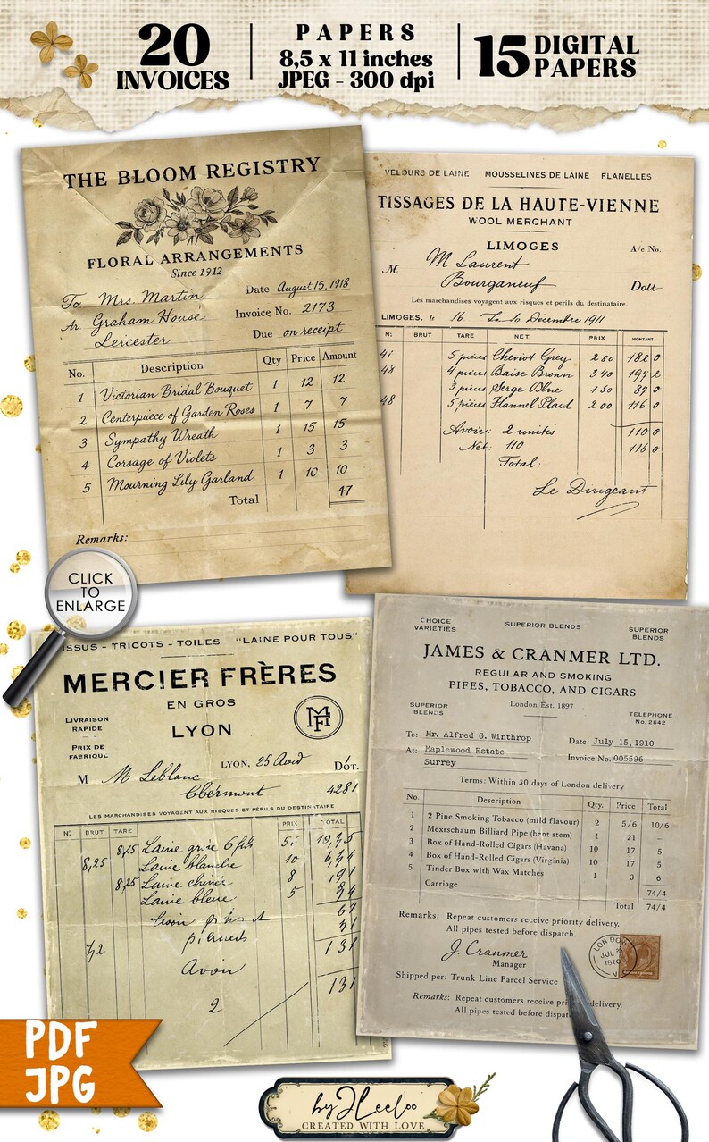 ANTIQUE INVOICES Digital Printable Vintage Invoices for Scrapbooking ...