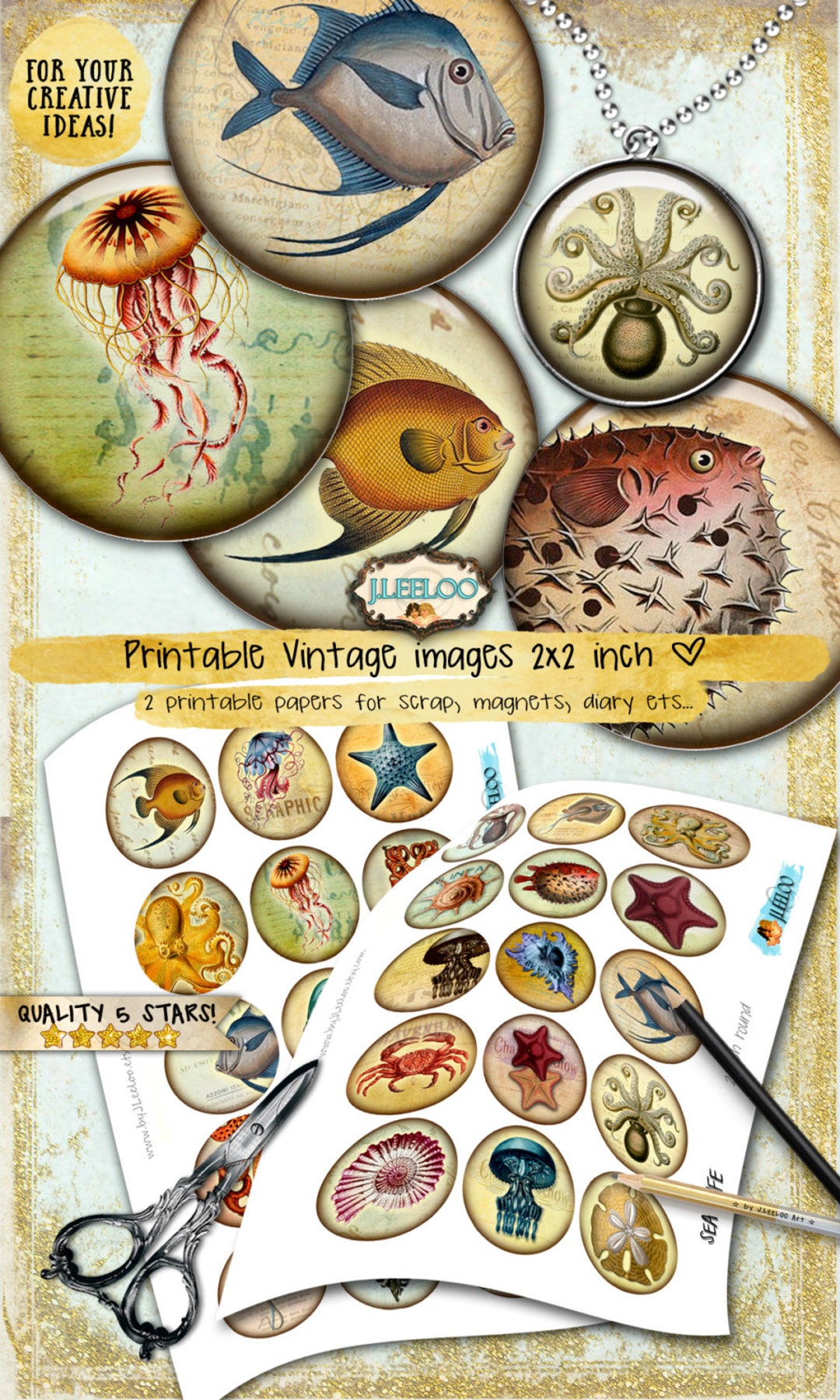 SEA LIFE Digital Collage Sheets 2 Inch Circle Octopus Jellyfish Fish ...